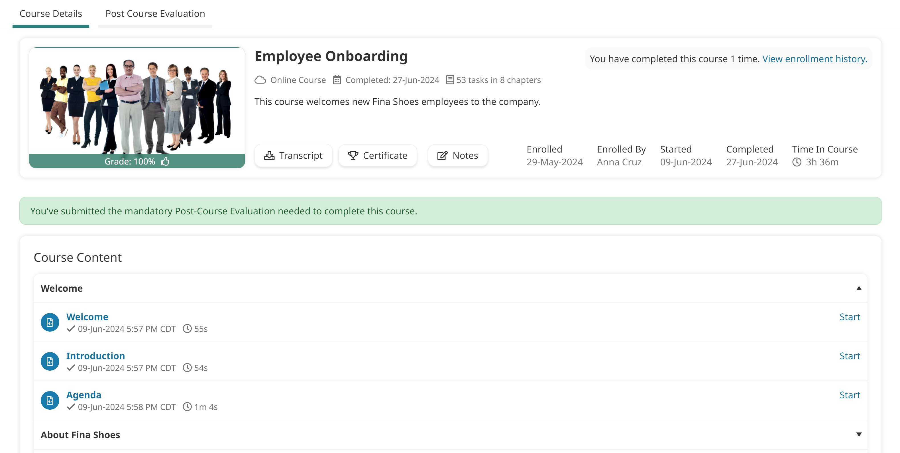 Learner Interface: Reviewing a Course